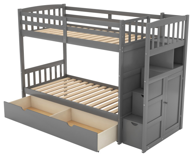 TATEUS Twin over Full/Twin Bunk Bed, Convertible Bottom Bed, White ...