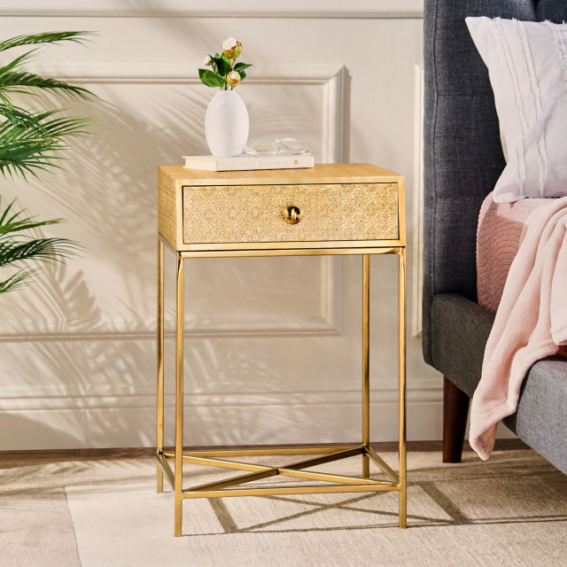 Kew Boho Handcrafted Moroccan Mesh Aluminum Nightstand with Drawer ...