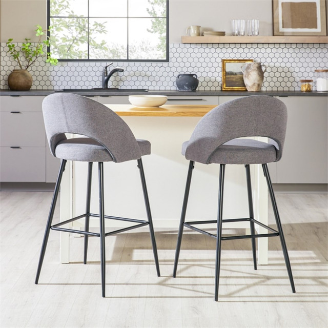 Walker Edison Upholstered Metal Bar Stool with Rounded Back in Charcoal ...