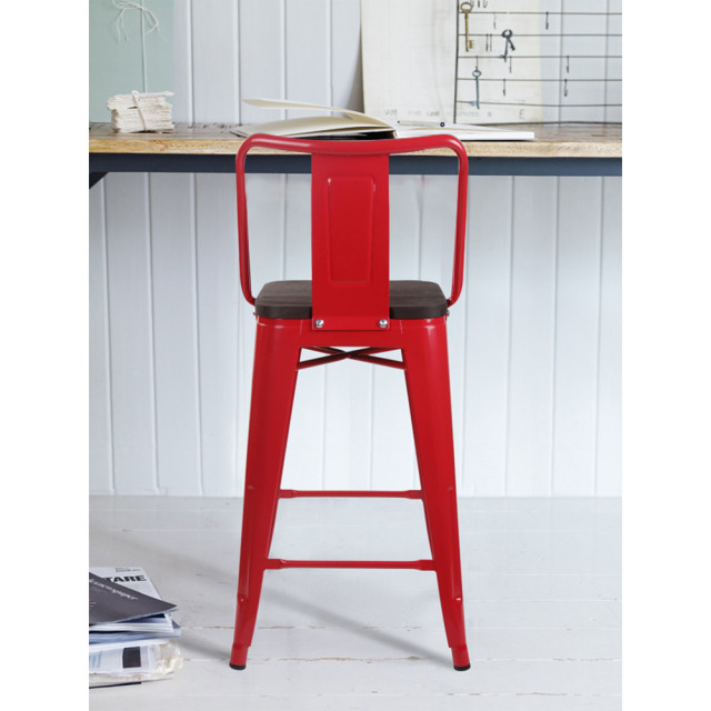 Metal Red Bar Stools With Middle Back Dark Wooden Seat, Set of 4 ...