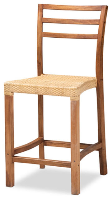 Modern Walnut Brown Finished Wood and Natural Rattan Counter Stool ...
