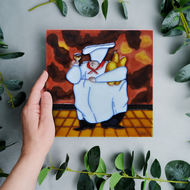 8x8" Fat Chef With Bread Ceramic Art Tile Hand Painted Trivet Hot Plate ...