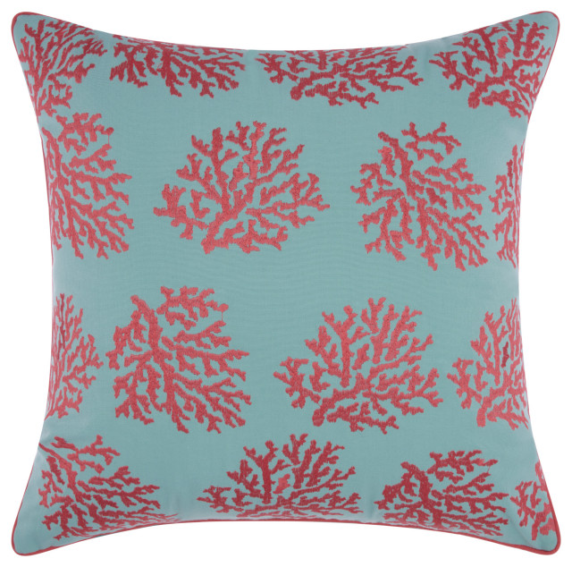 Mina Victory Outdoor Pillows Emb Corals 18" x 18" Aqua/Coral Throw ...