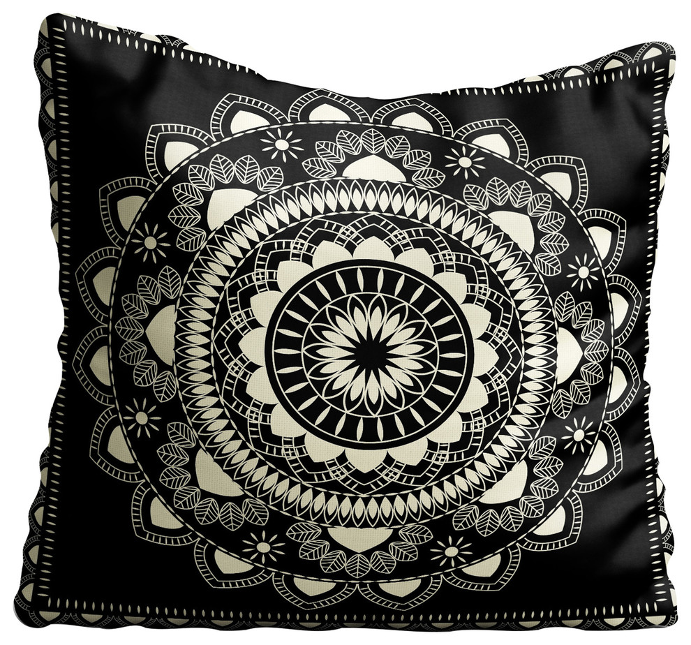 Boho Indian Mandala Black Throw Pillow Case Contemporary Decorative