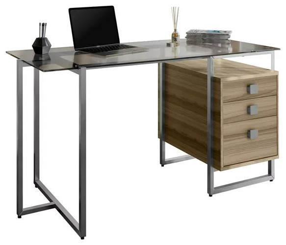 Modern Desk, Metal Base With Rectangular Glass Top & Storage Drawers ...