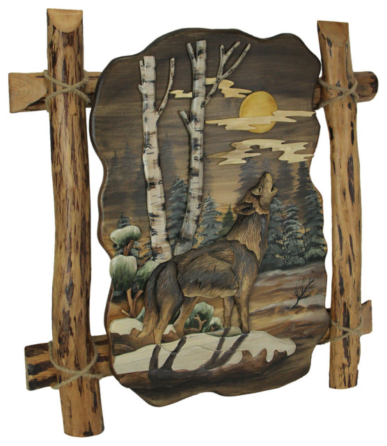 Hand Carved Natural Wood Howling Wolf Wall Art Lodge Home Decor Cabin ...