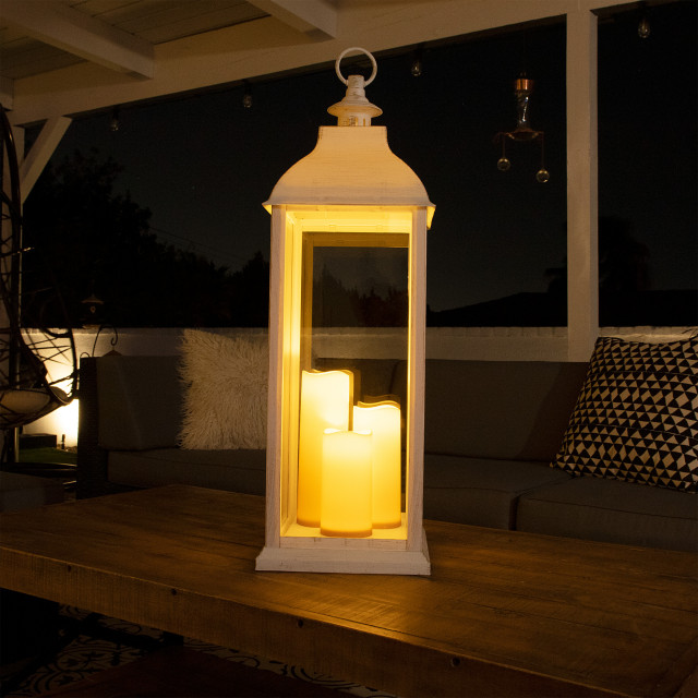 White Candlelit Lantern with Warm White LED Lights - Farmhouse ...