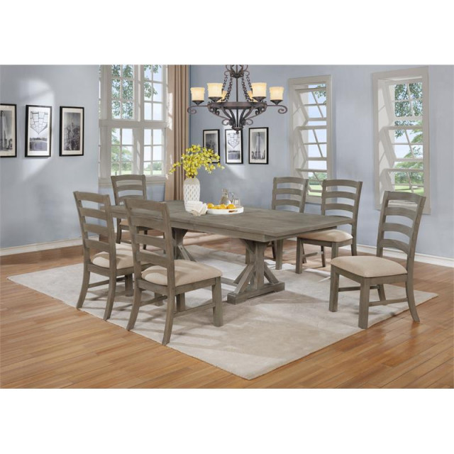 7pc Rustic Gray Brown Wood Dining Set with 6 Beige Linen Chairs ...