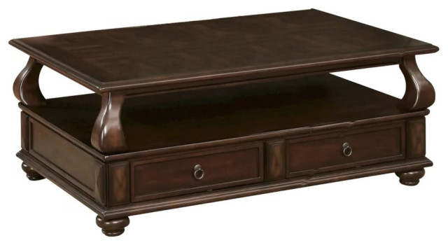Espresso Walnut Rectangular Coffee Table with 4 Drawers and Open Shelf - Traditional - Coffee ...