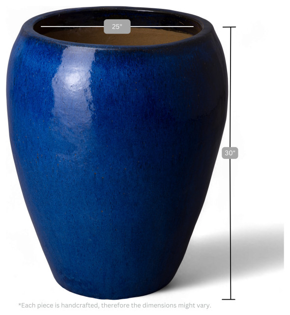 30 In. Blue Round Ceramic Tapered Planter - Contemporary - Outdoor Pots ...