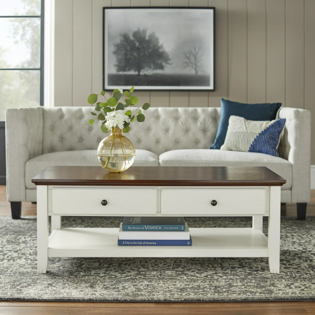Rectangular Two-Tone Wood Coffee Table, Chestnut Brown & Off-White ...