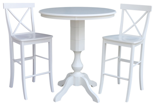 36" Round Pedestal Bar Height Table With 2 X-Back Bar Height Stools ...