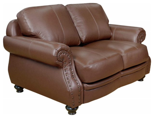 63" Wide Top Grain Leather Loveseat, Chestnut Brown Rolled Arm Small ...