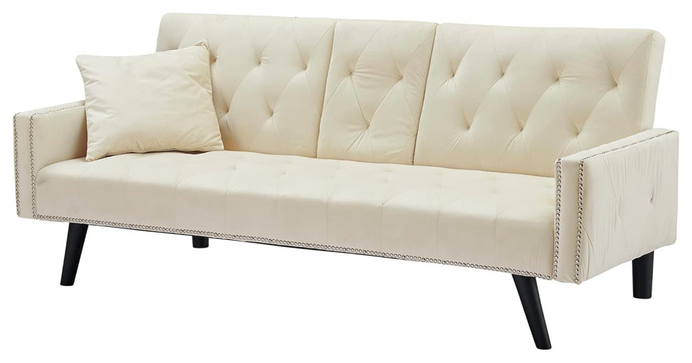 Contemporary Futon, Button Tufted Velvet Seat With Drop Down Cupholders ...