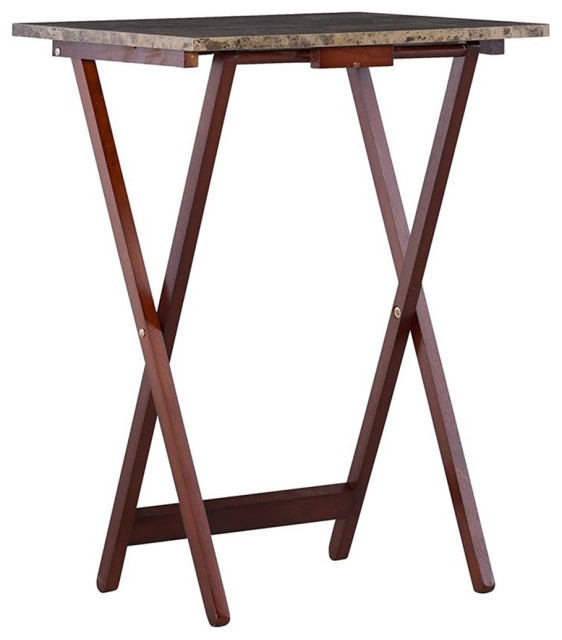 Pemberly Row 5-Piece Wood Folding Tray Table Set with Stand in Brown ...