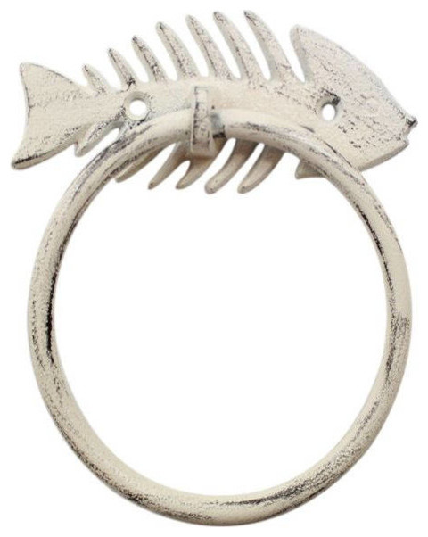 Whitewashed Cast Iron Fish Bone Towel Holder 5.5" - Beach Style - Towel ...