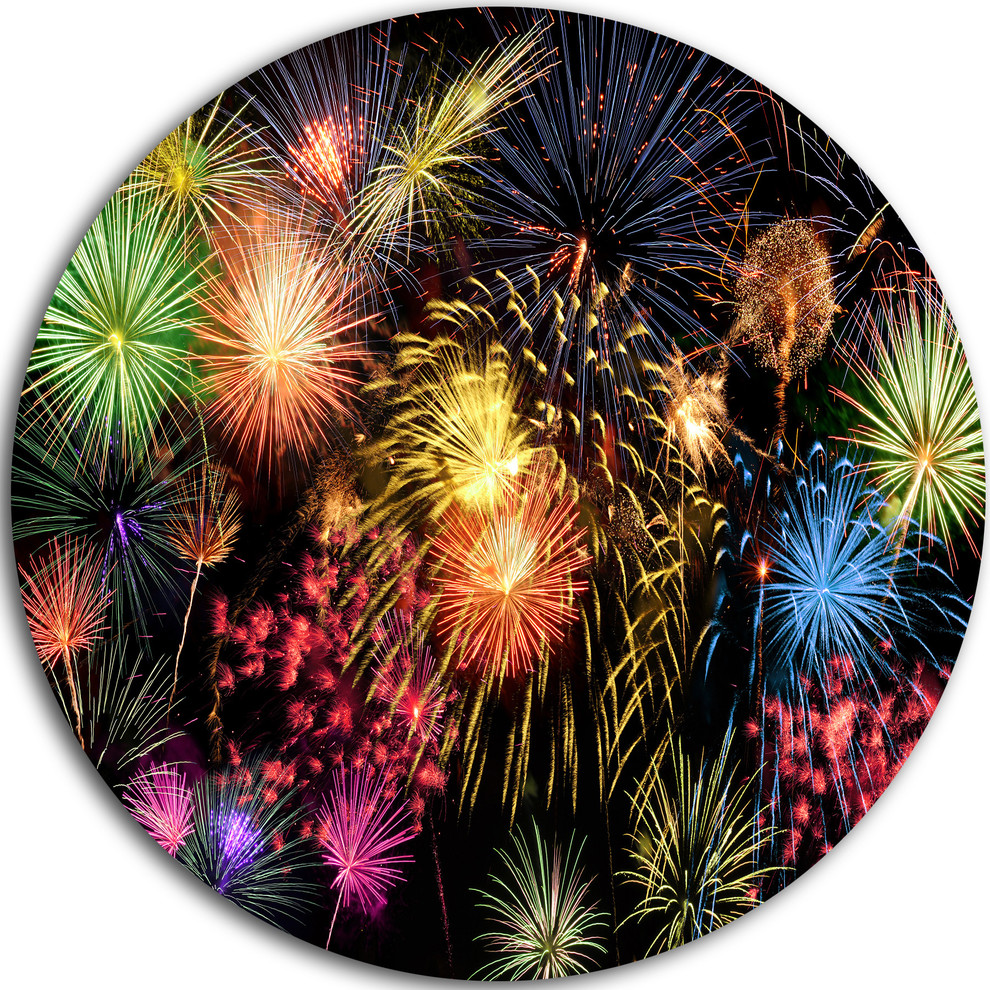 Colorful Fireworks at Night Sky, Skyscape Round Metal Wall Art ...