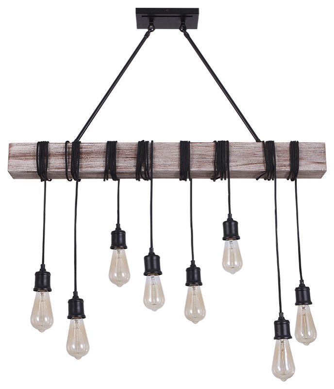 8 Light Wooden Rope Kitchen Island Linear Pendant - Industrial ...