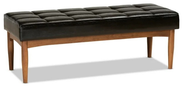 Mid-Century Tufted Dark Brown Bench with Rubberwood Frame and Faux ...