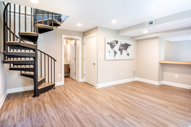 Basement Renovation - Spiral Staircase, Waterfall Countertop and Wine ...