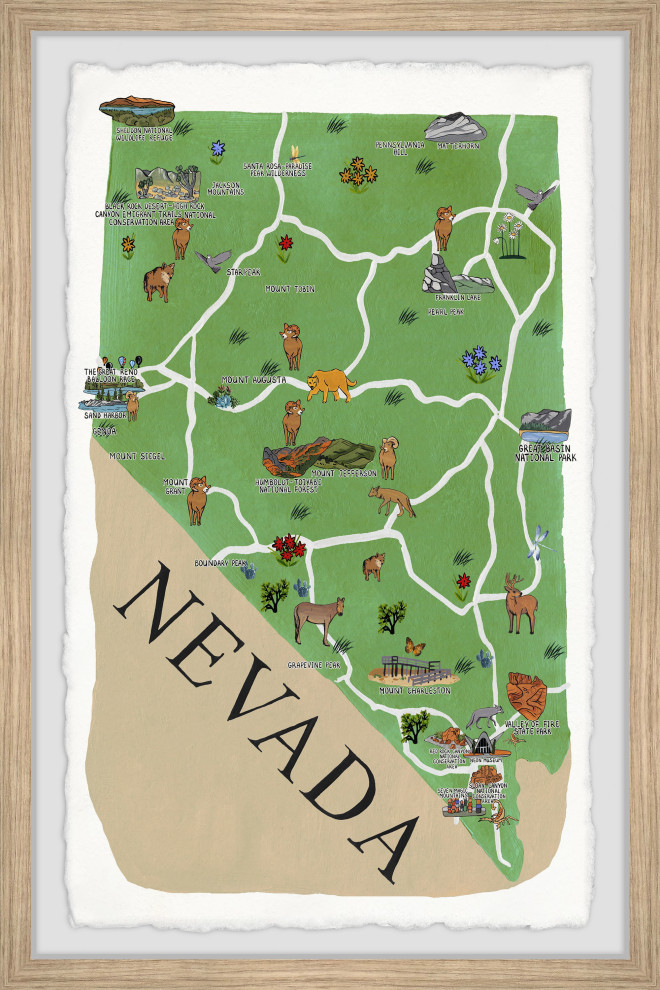 "Nevada Landmarks Map" Framed Painting Print, 30x45 - Contemporary ...