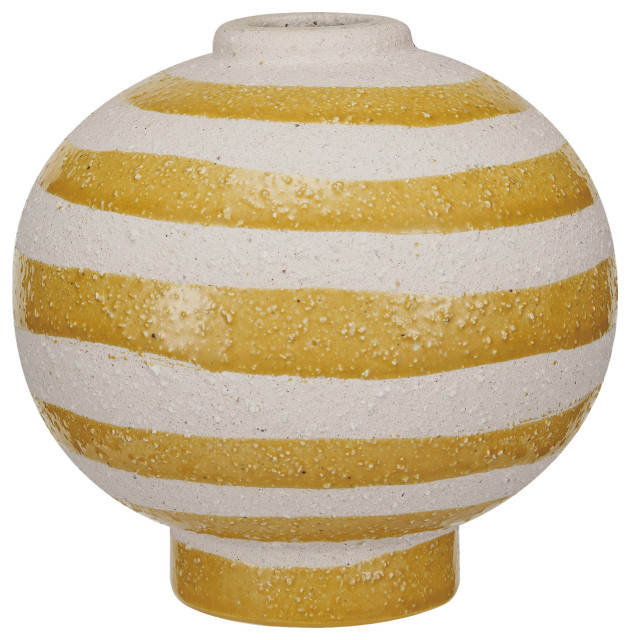 Large Striped Stoneware Vase With Sphere Shape and Footed Base, Yellow ...