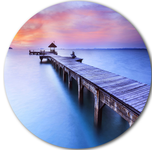 Beach With Blue Waters And Wood Bridge, Sea Pier Disc Metal Art, Disc ...