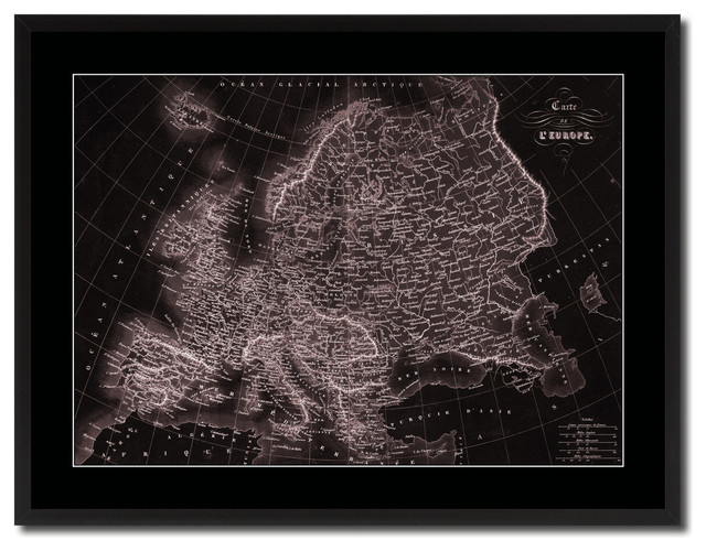 Europe Vivid Sepia Map Print On Canvas With Black Custom Frame, 16" X ...