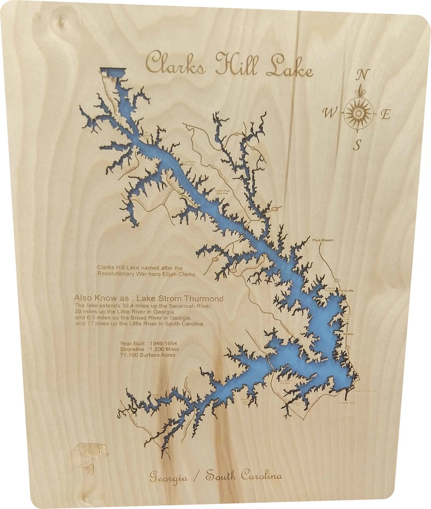 Clarks Hill Lake, Georgia/South Carolina-Wood Lake Map, Small - Rustic ...
