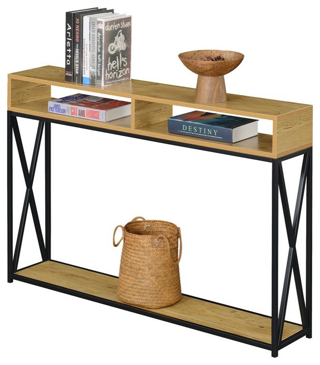 Tucson Deluxe Two-Tier Console Table in Light Oak Wood and Black Metal ...