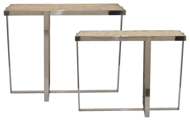 Plutus Brands Side Table Set Of Two Silver Metal Base, Wood Top ...