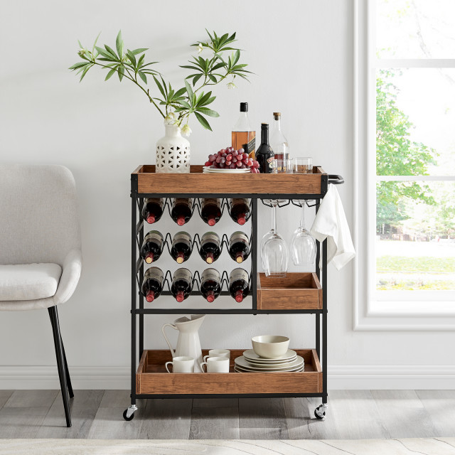 Rustic Walnut Veneer Rolling Farmhouse Wine Bar Cart With Bottle and ...
