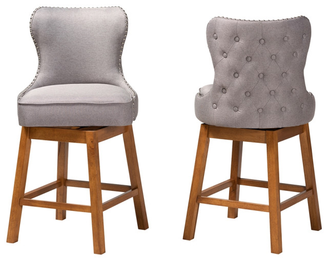 Modern Grey Fabric Walnut Brown Finished Wood 2 Pc Swivel Counter Stool ...