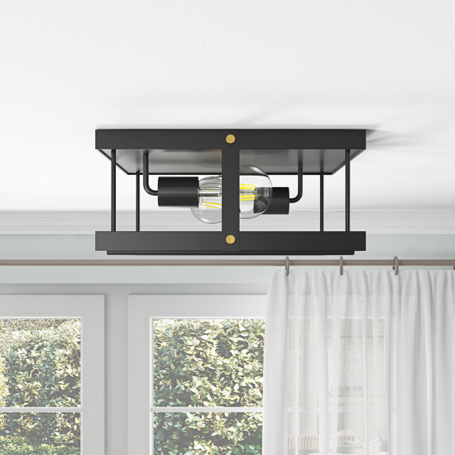 Industrial Black 2-Light Rectangle Iron Frame Flush Mount Ceiling Light ...