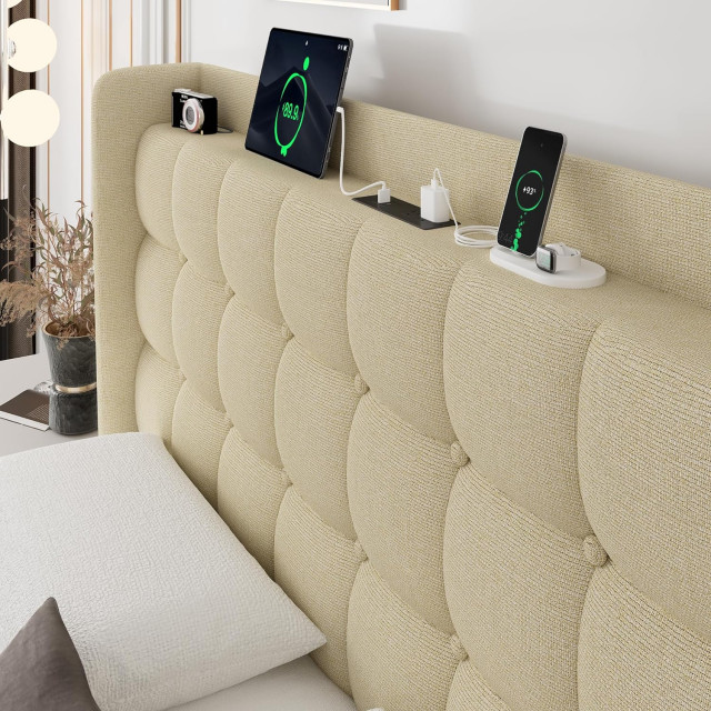 Modern Platform Bed, Grid Button Tufted Headboard & USB Ports ...