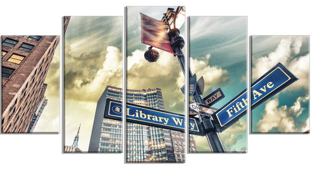 Library Way and 5th Avenue Street Signs, Multipanel Cityscape Canvas ...