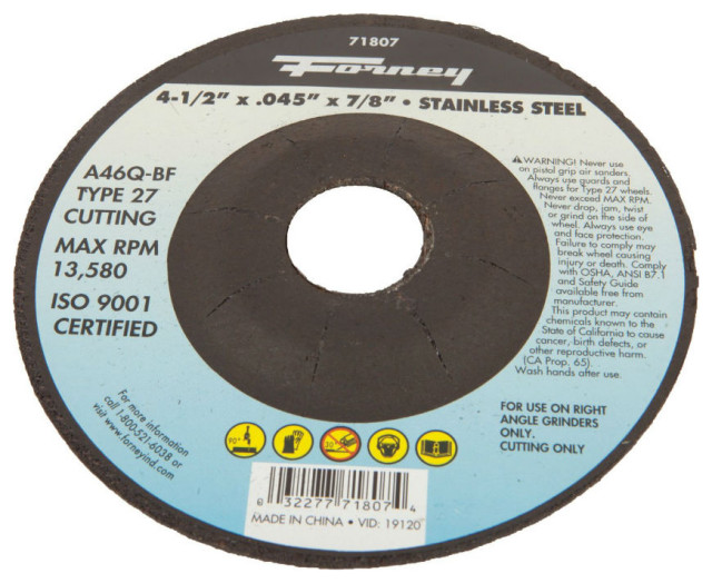 Forney 71807 Metal Cut-Off Wheel, Type 27, 4-1/2" x 0.045" x 7/8" Arbor ...