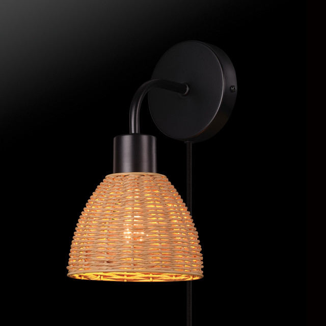 Briar 1-Light Matte Black Plug-In or Hardwire Wall Sconce with Rattan ...