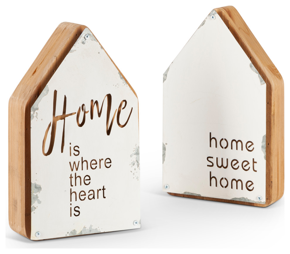 Set of 2, 9.65" Inspirational Metal and Wood Tabletop Home Decorations ...