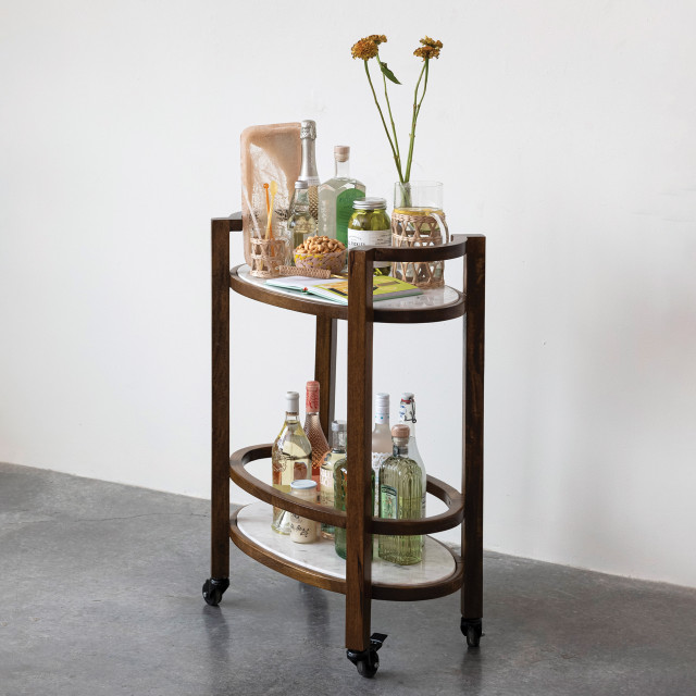 Mango Wood and Marble 2-Tier Bar Cart, Walnut and White - Transitional ...