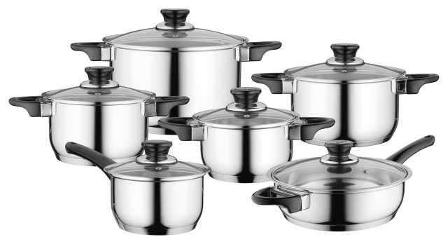 Essentials Gourmet 12-Piece 18/10 SS Cookware Set, Black Handles ...