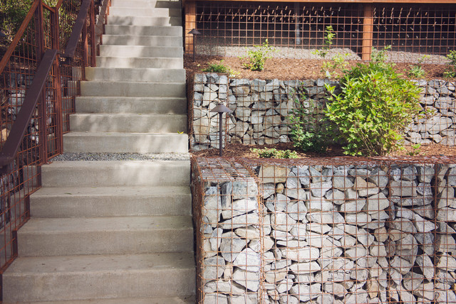 Concrete Stairway, Steel Railing + Gabion Cheek Walls - Modern ...