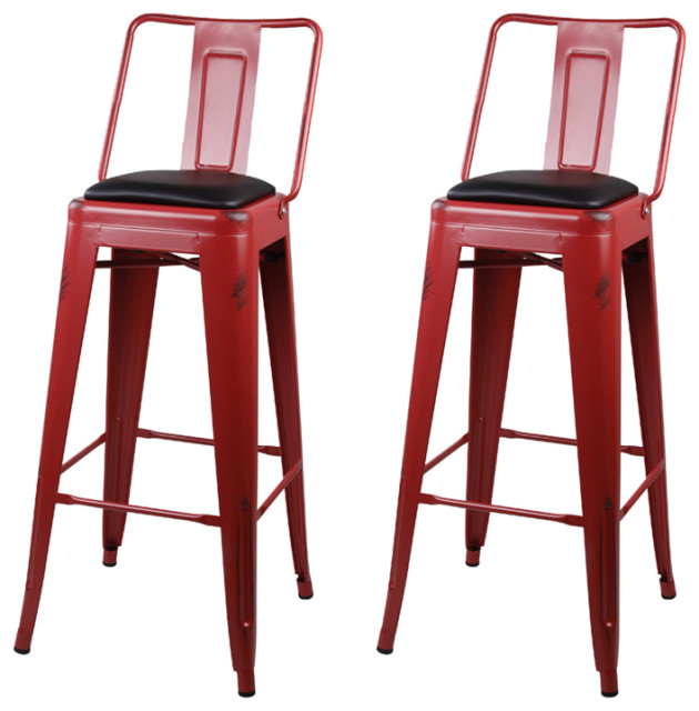 Highback Red Metal Bar Stools, Vegan Leather Seat, Set of 2 ...