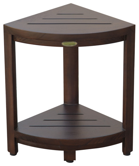 Compact Triangular Teak Shower Outdoor Bench With Shelf, Brown Finish ...