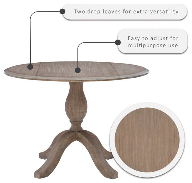 Linon Ervin Round Drop Leaf Pedestal Dining Table in Rustic Grey Washed ...