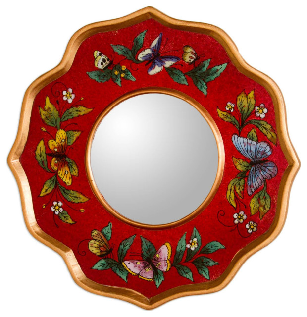 NOVICA Ruby Butterfly Sky And Reverse Painted Glass Mirror ...