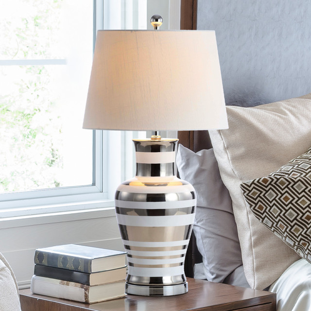 Zilar Striped 28.75" Ceramic/Iron Classic Modern LED Table Lamp, Silver ...