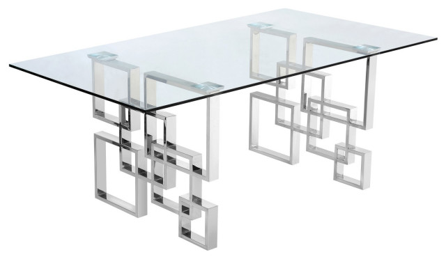 Dining Table, Geometric Design With Metal Base & Rectangular Glass Top ...