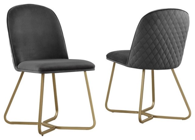 Quilted Back Side Chairs Set of 2 in Dark Gray Velvet and Gold Base ...