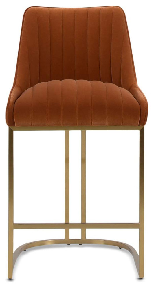 Modern Counter Stool, Brass Base & Ribbed Velvet Upholstered Seat ...